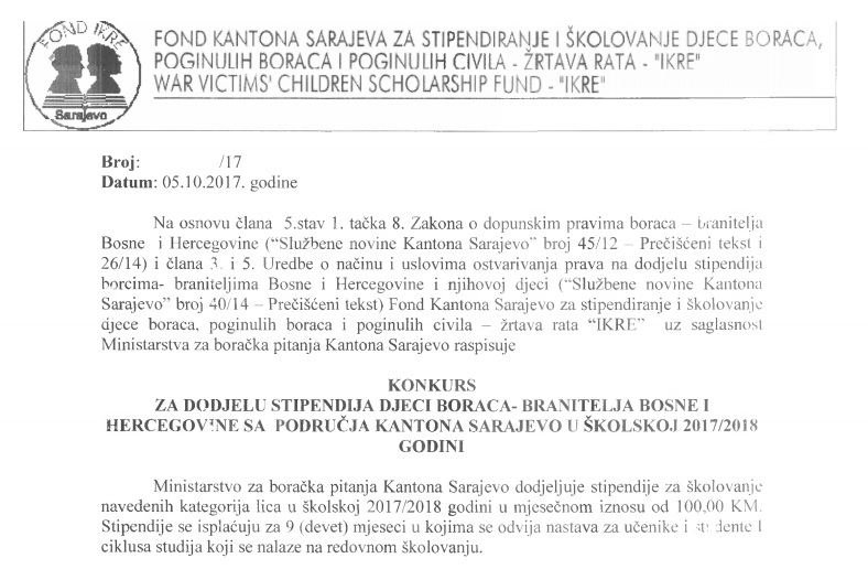 RASPISAN KONKURS ZA DODJELU STIPENDIJA FONDA “IKRE” | Radio Televizija Vogošća