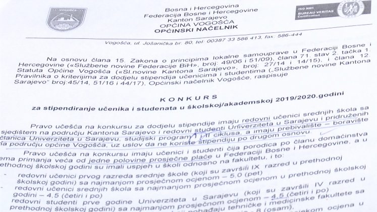 OBJAVLJEN KONKURS ZA STIPENDIRANJE UČENIKA I STUDENATA U ŠKOLSKOJ/AKADEMSKOJ 2019/2020.GODINI U ...
